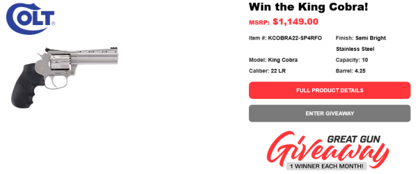 HCC - Colt King Cobra .22LR Revolver Giveaway - (Ends 1/31/26) | NY Gun ...